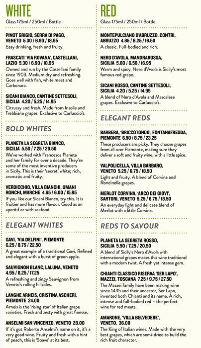 Carluccio’s UK Menu Prices