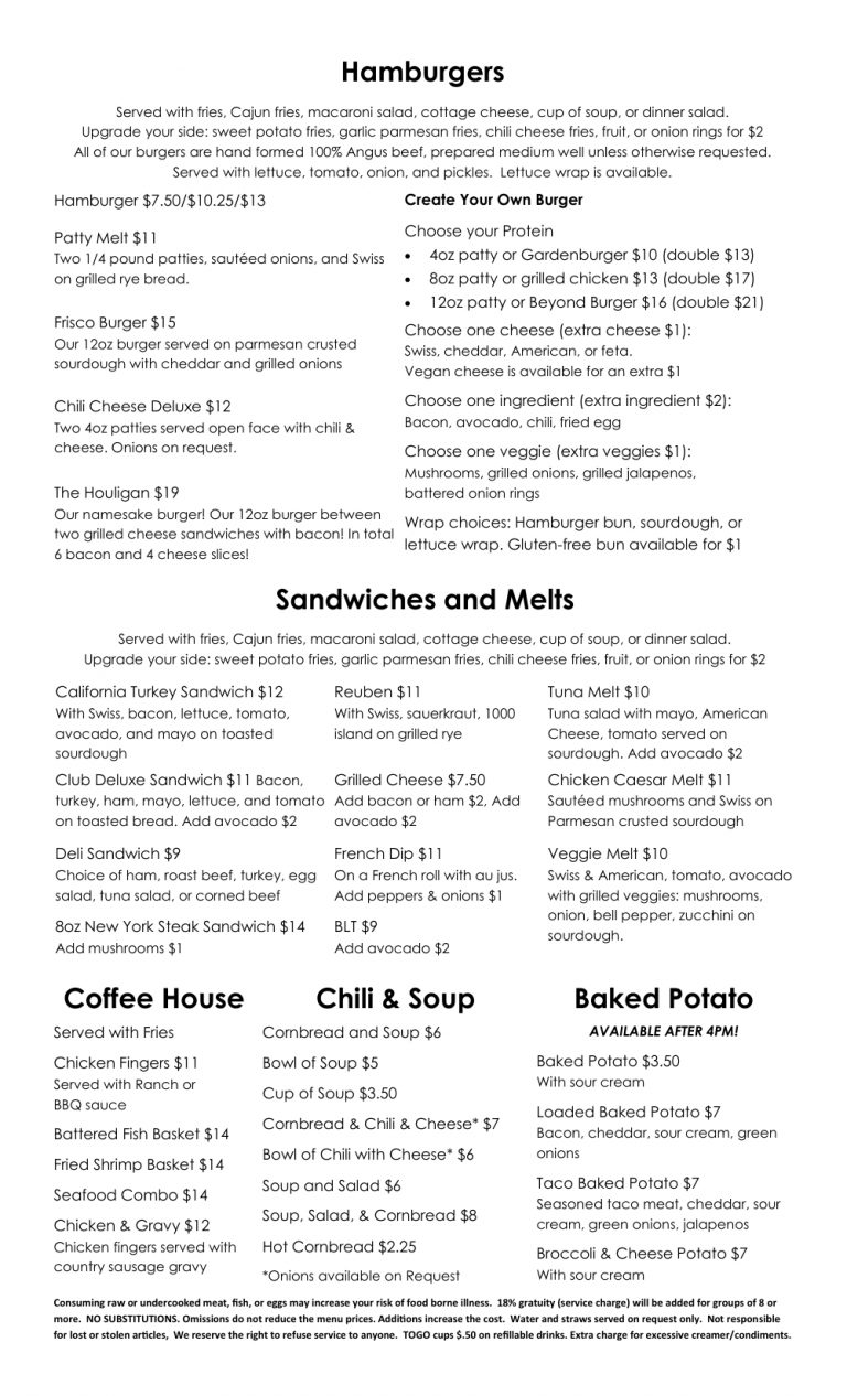 Houligan’s Menu Prices