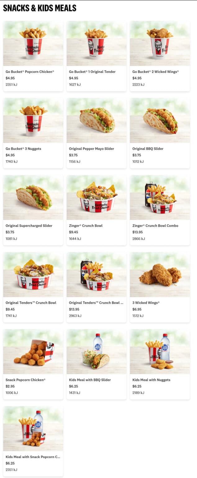 KFC Australia Menu Specials & Promos